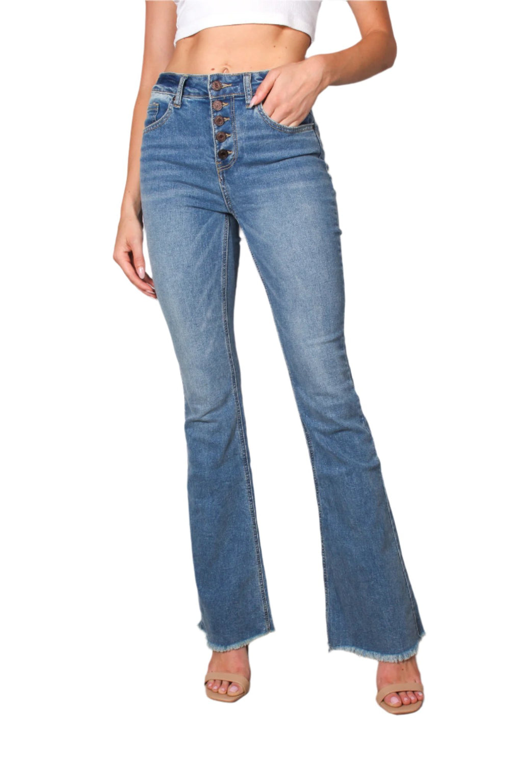 Women's High Waist Five Buttons Raw Hem Flare Jeans – Good Stuff Apparel